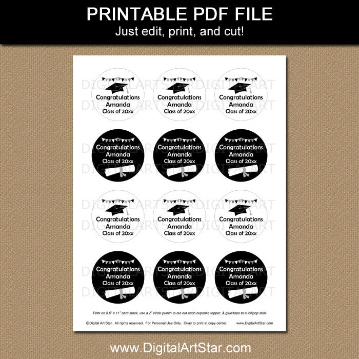 Graduation Cupcake Toppers Black and White Graduation Party | Etsy