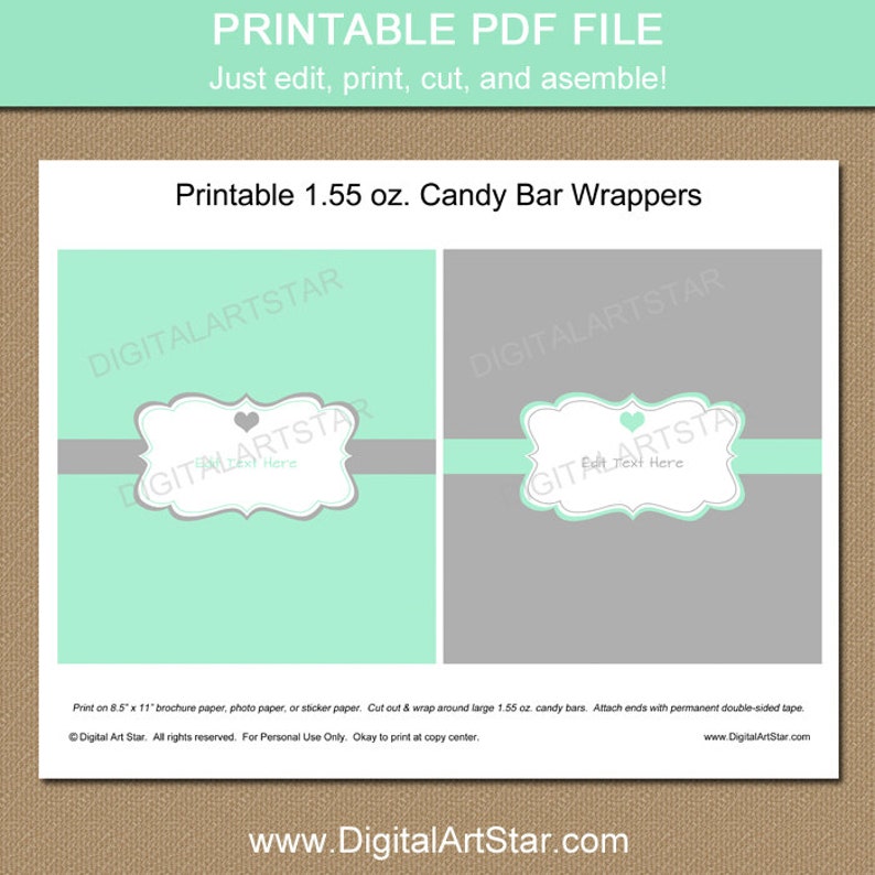 Mint and Grey Chocolate Bar Wrappers Printable Bridal Candy - Etsy