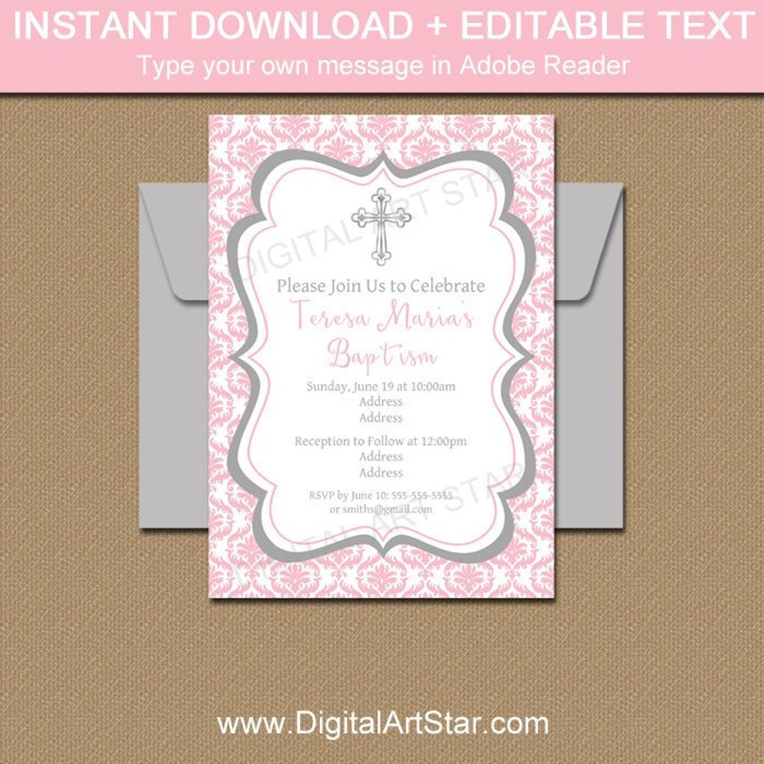 Pink Baptism Invitation Girl Baptism Invitation Instant - Etsy