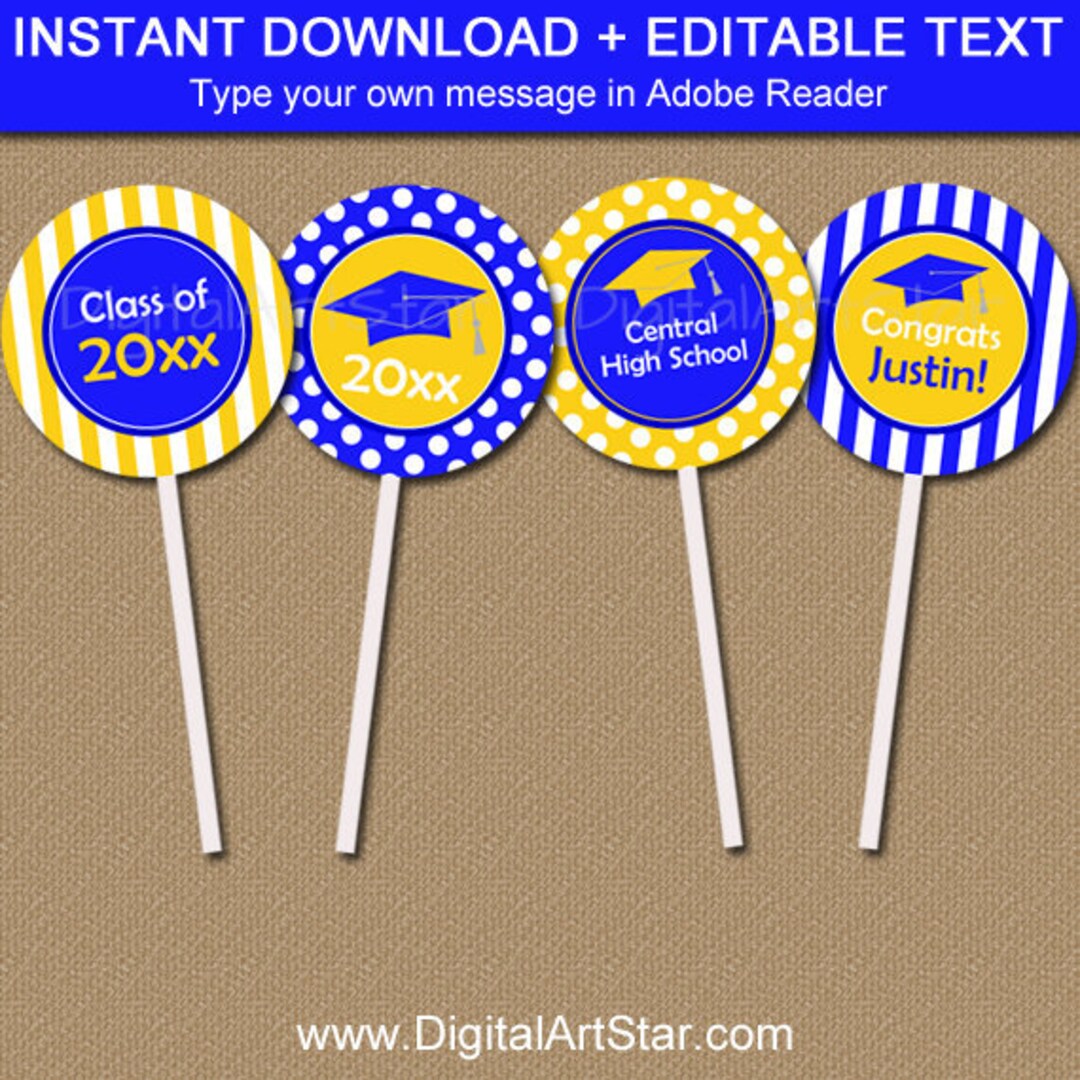 Royal Blue and Yellow Graduation Cupcake Topper, Graduation Party ...