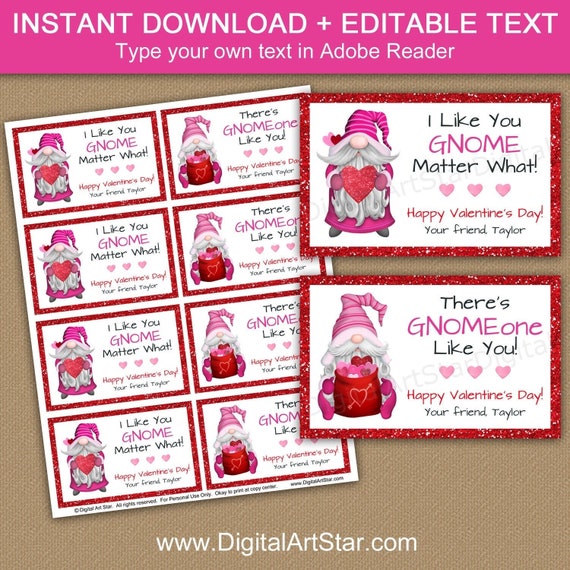Gnome One Like You Valentine Printable Cards for Kids - Gnome Valentine ...