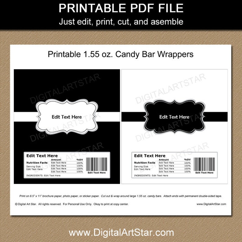 Chocolate Wrappers Template Black and White Party Favors - Etsy