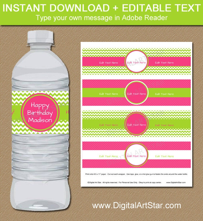 Pink and Lime Water Bottle Labels Printable Birthday Party | Etsy