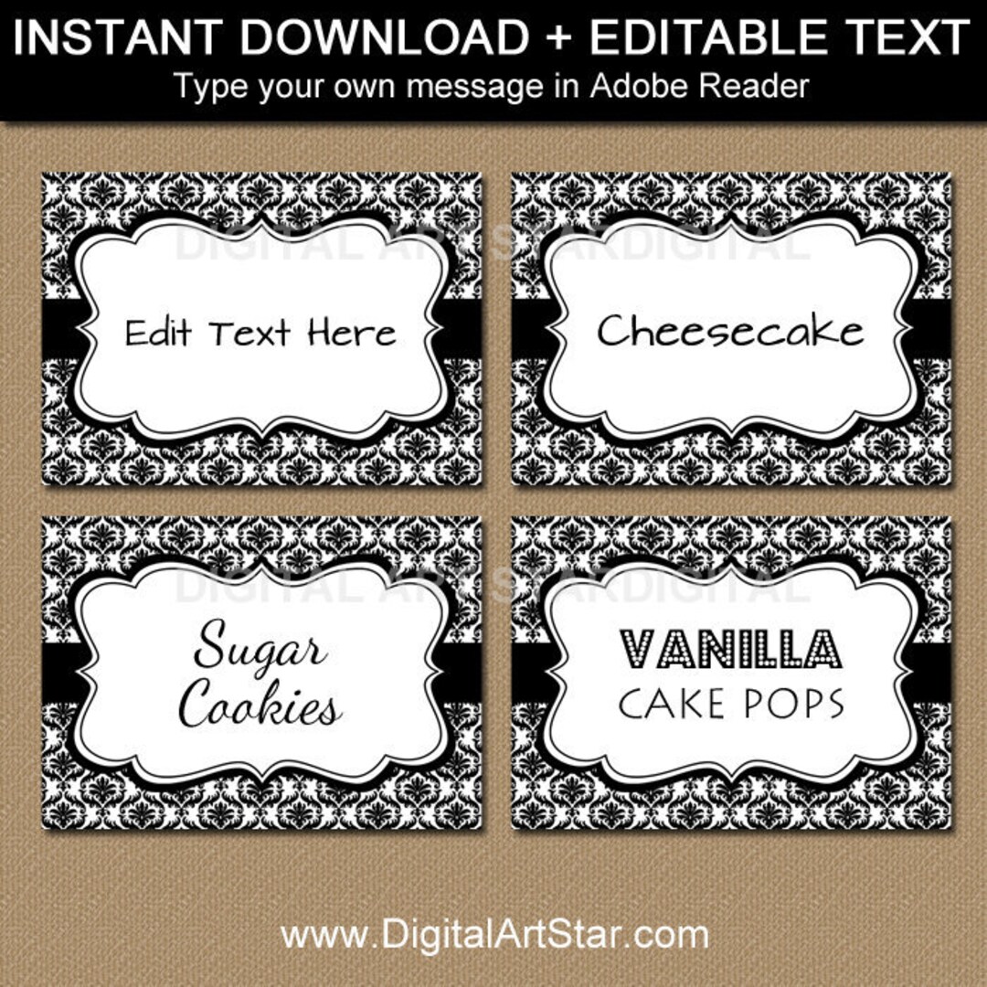 Black and White Food Labels, Damask Food Label, Candy Buffet Labels for ...