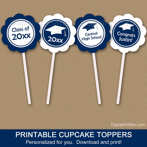 Navy Blue Graduation Decorations PRINTABLE Cupcake Toppers Personalized ...