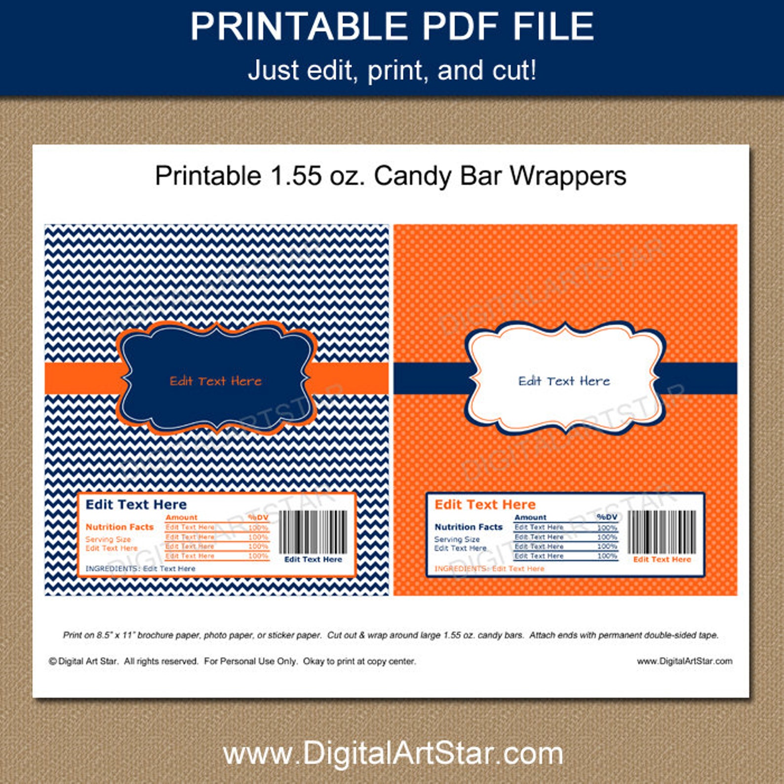 Navy Blue Orange Candy Bar Wrapper Template Chocolate - Etsy