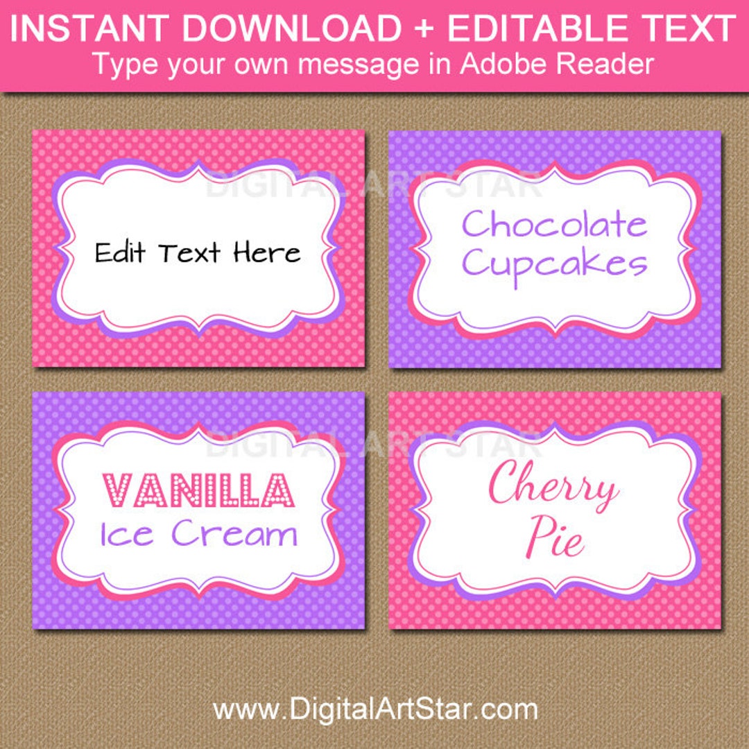 EDITABLE Pink and Purple Candy Buffet Labels, DIY Food Labels, Table ...