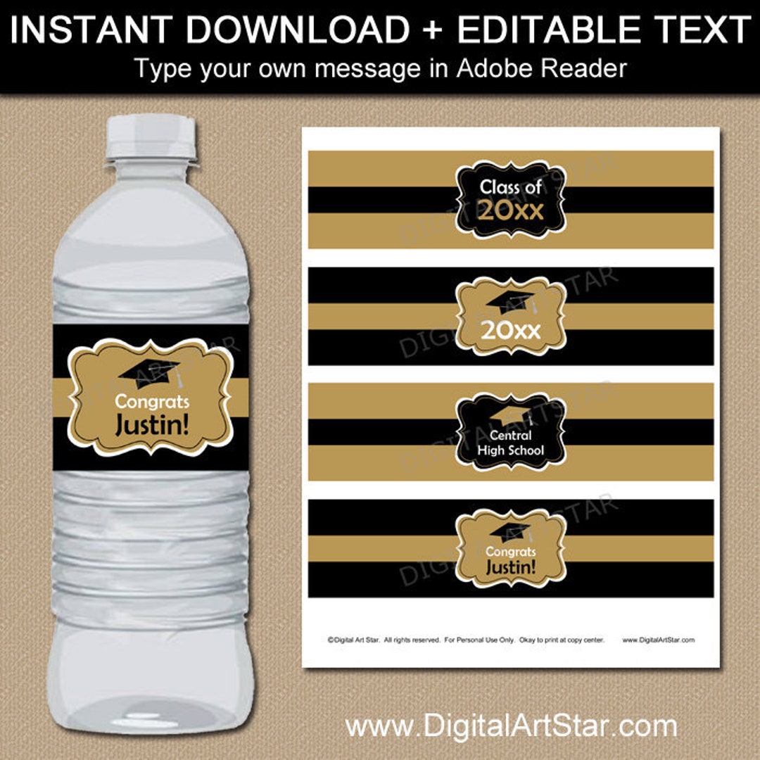 Black and Gold Graduation Water Bottle Labels Graduation - Etsy