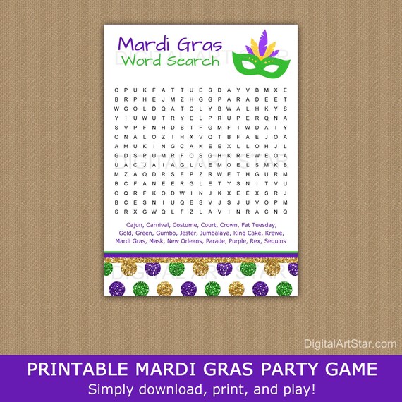 Mardi Gras Word Search Game Template, Printable Word Search for Mardi ...
