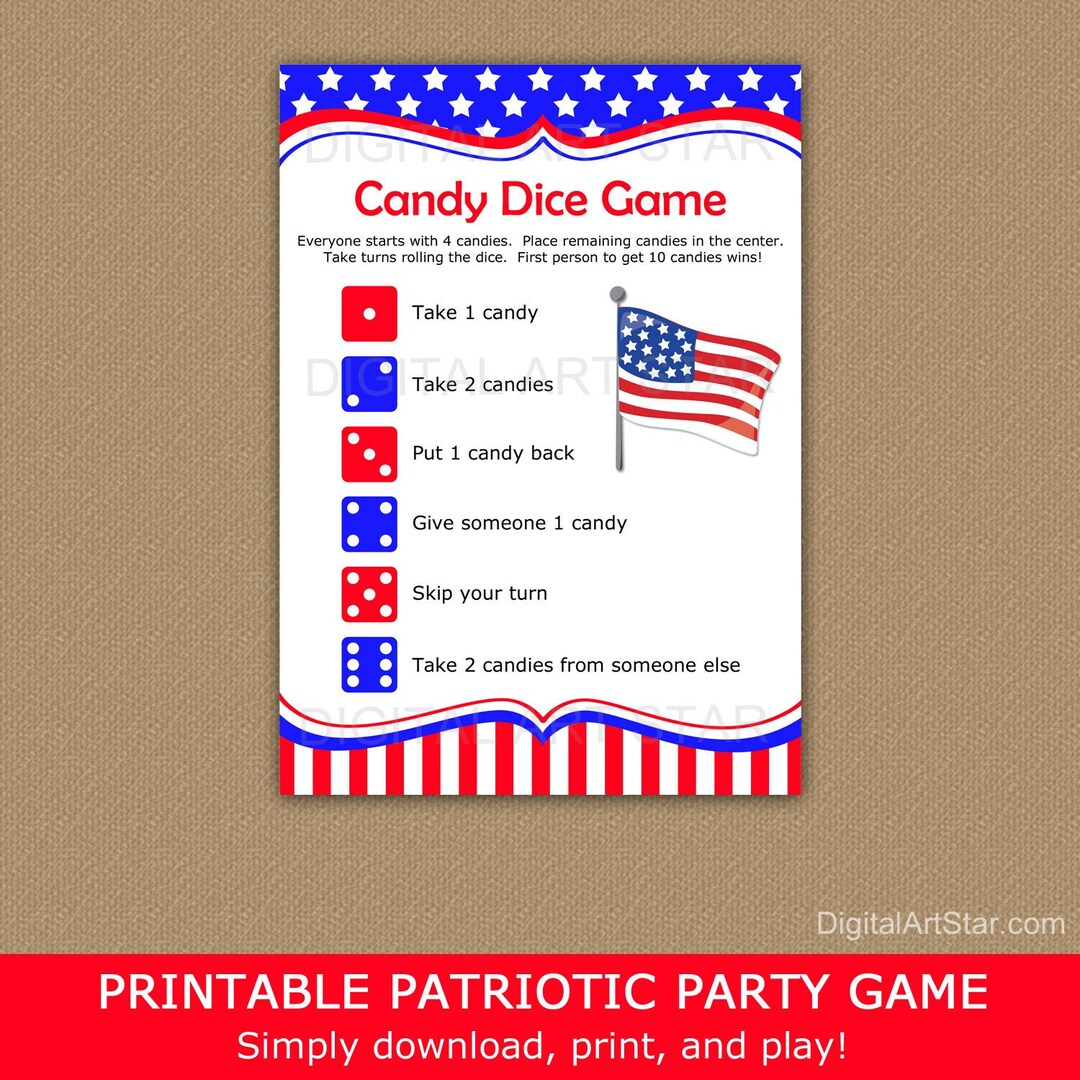 4th of July Candy Dice Game, Patriotic Candy Dice Game, Pass the Candy ...