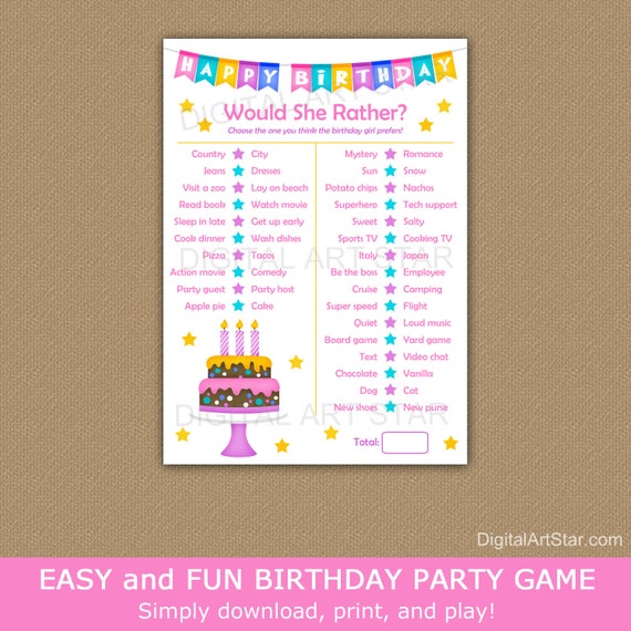 Would She Rather Birthday Template, Girl Birthday Games, This or That ...