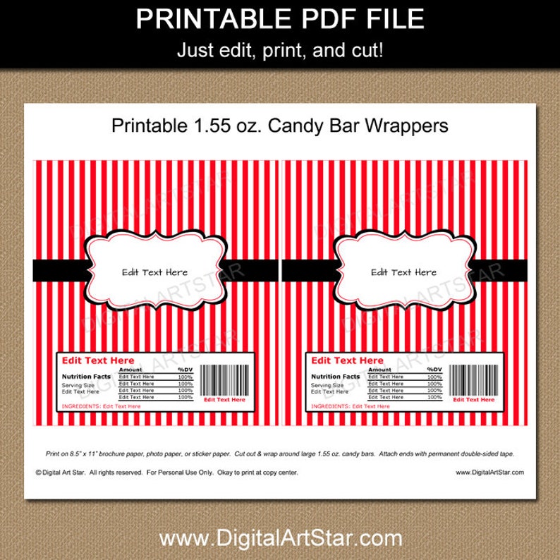 Red and Black Candy Bar Wrappers Template Candy Wrappers | Etsy