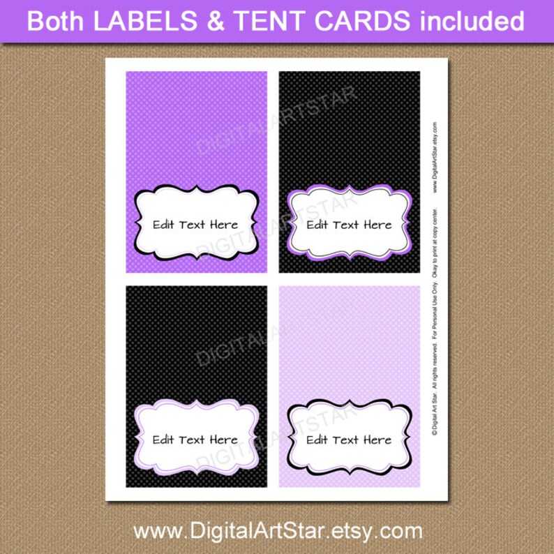 Purple and Black Food Labels Purple Tent Cards Lavender - Etsy