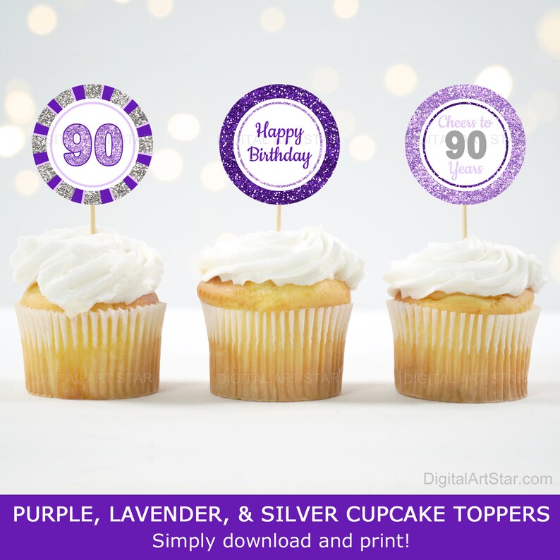 Purple 90th Birthday Cupcake Toppers Purple and Silver 90th - Etsy