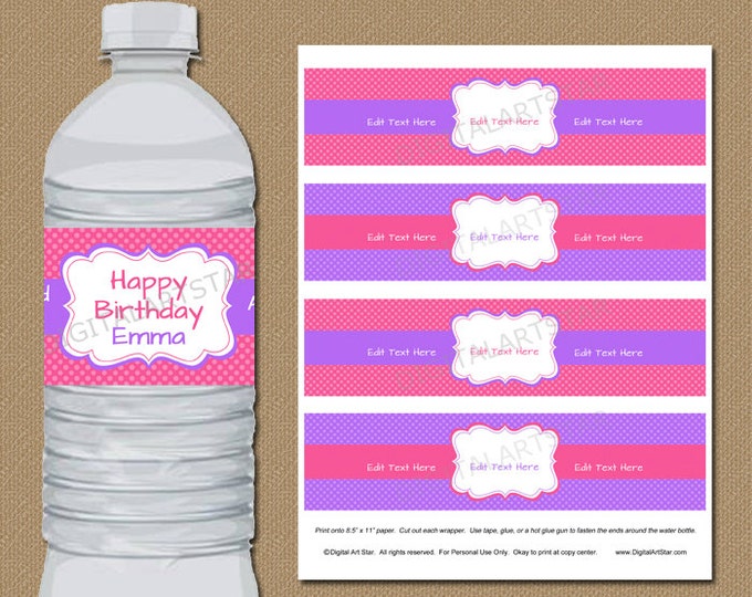 Pink and Purple Water Bottle Labels - DIY EDITABLE in Adobe Reader ...