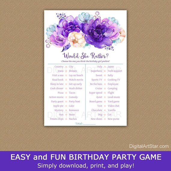 Birthday Girl Game This or That, Would She Rather Birthday, Printable ...