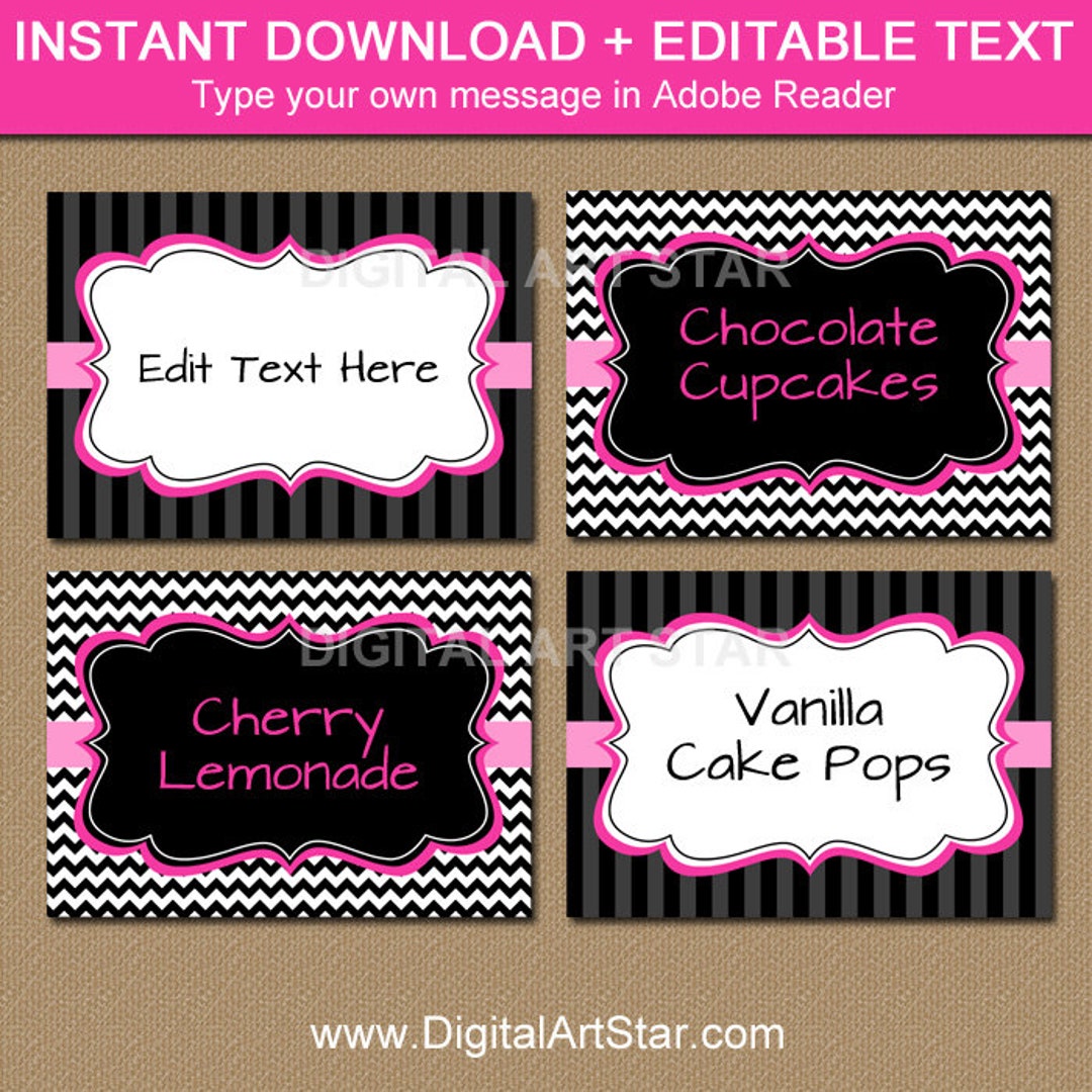 Pink and Black Food Labels Instant Download Buffet Labels Tent Cards ...