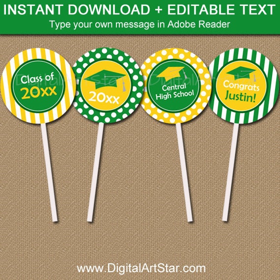 Editable Cupcake Toppers Graduation Cupcake Picks Kelly Green and ...