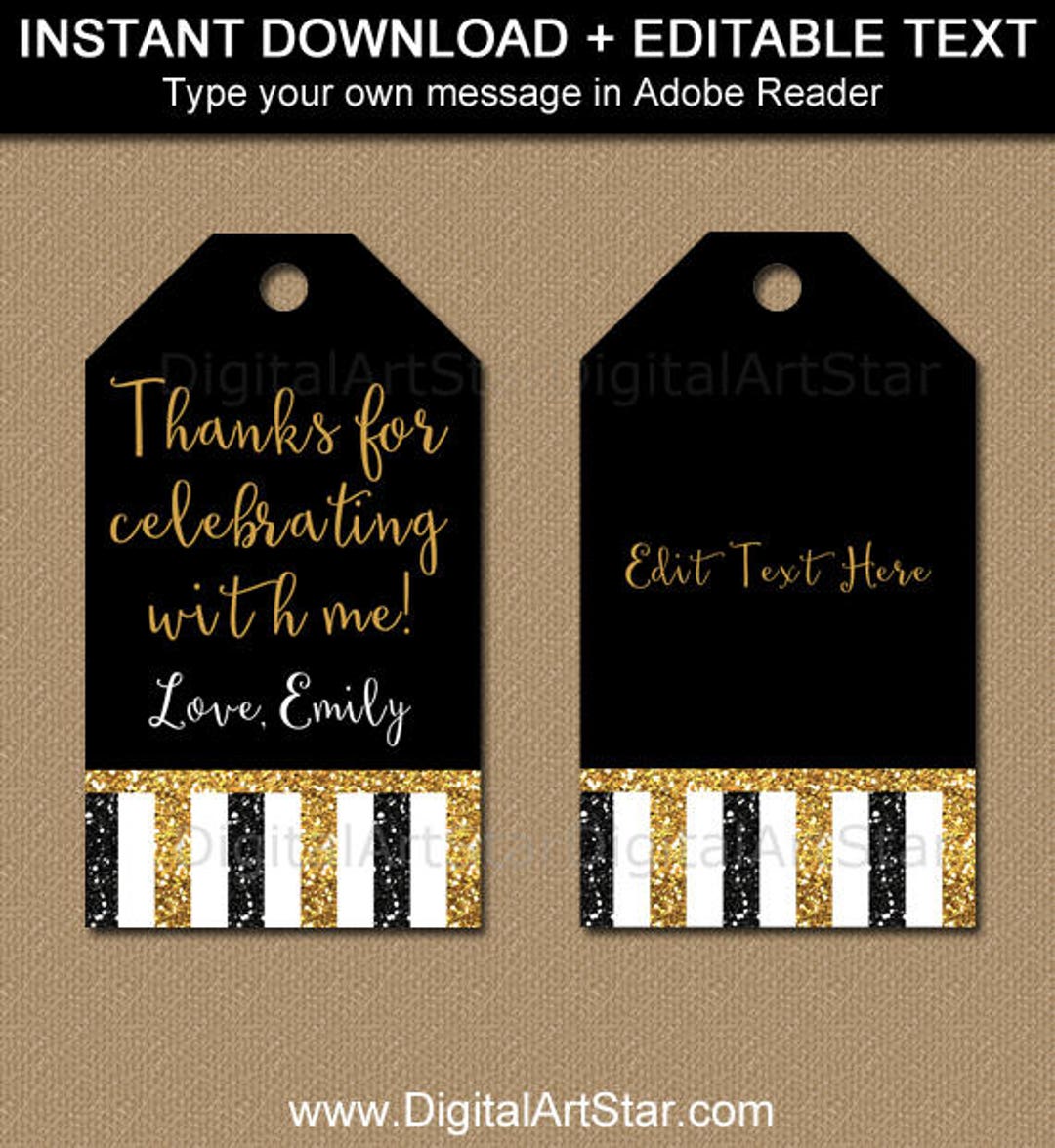 Birthday Glitter Tags, Black Gold Party Favor Tags, 50th Birthday Tags ...