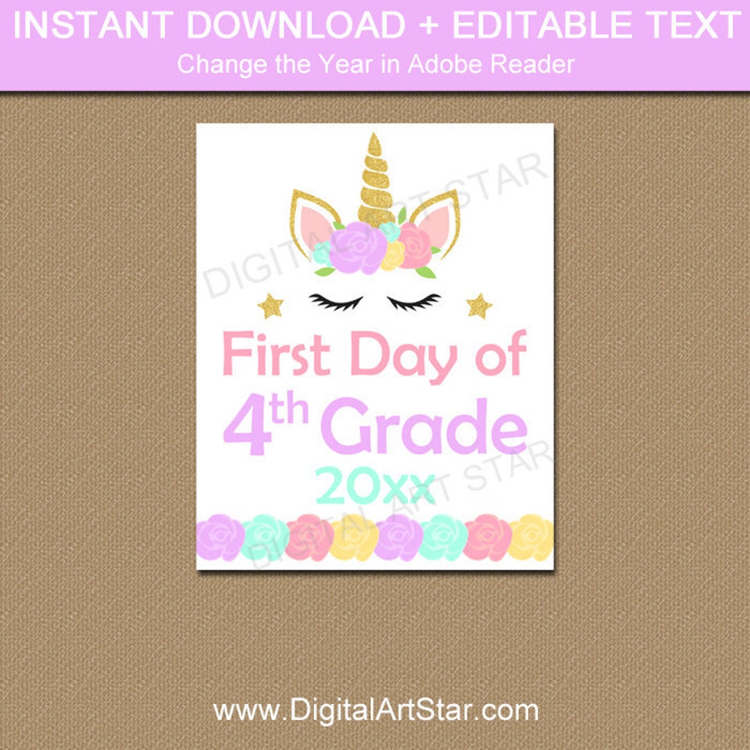 Unicorn First Day of School Sign, First Day of Fourth Grade Sign ...