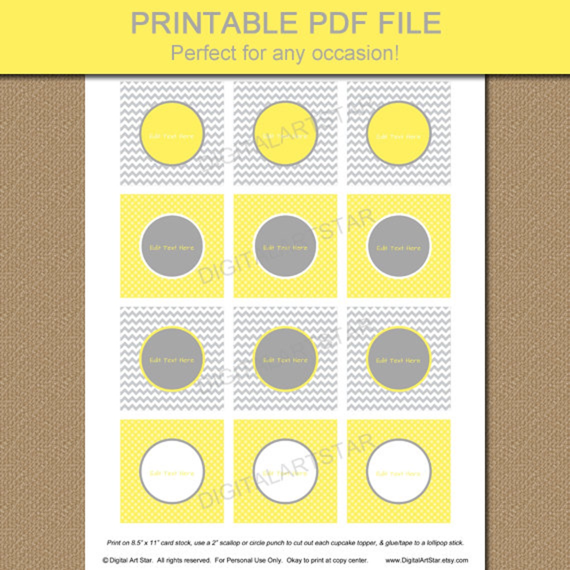Yellow Gray Baby Shower Cupcake Toppers Printable Chevron - Etsy