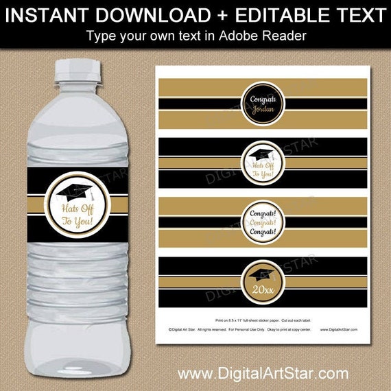 Graduation Water Bottle Labels Printable Black And Gold Graduation 