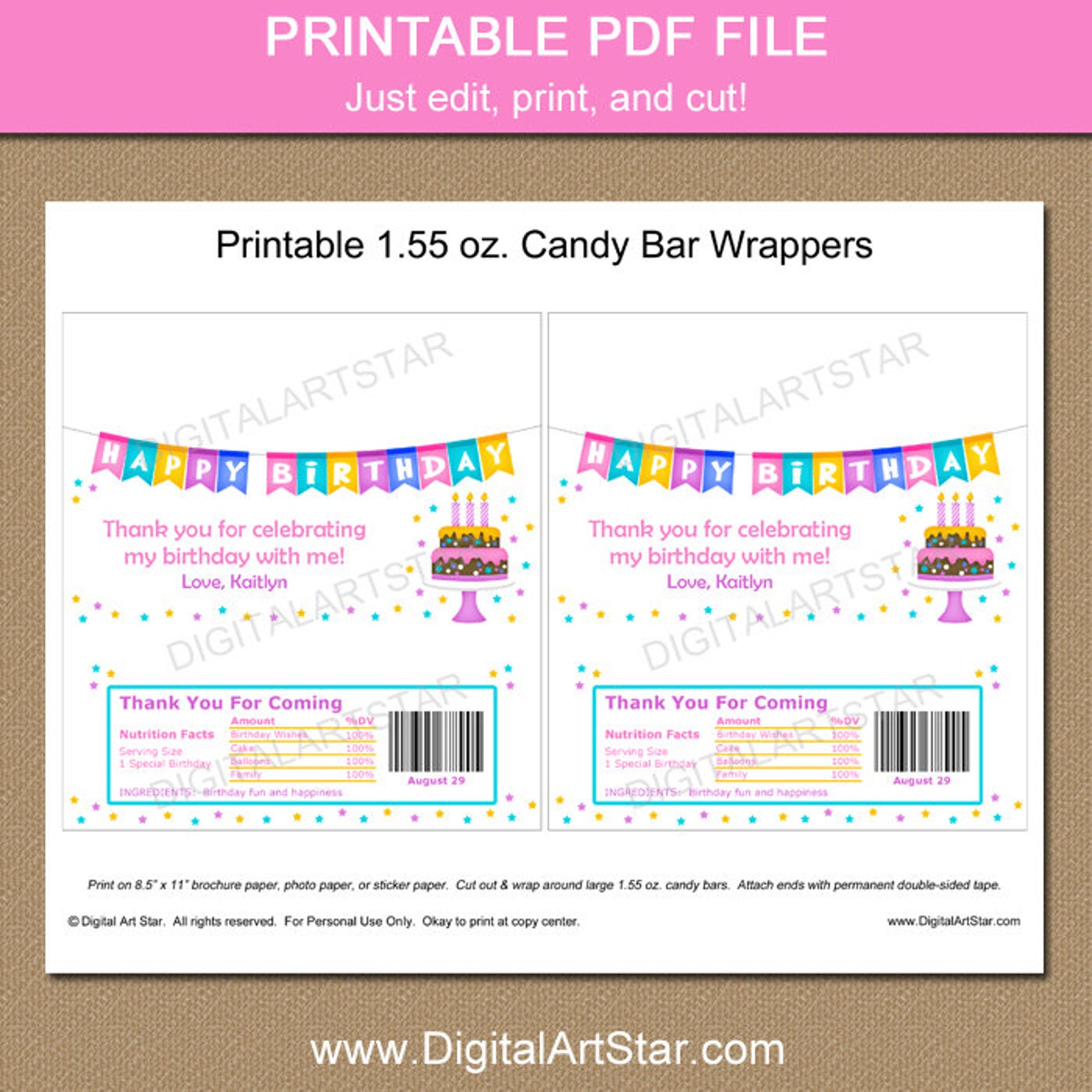 Happy Birthday Candy Bar Wrapper Template Girl Birthday - Etsy