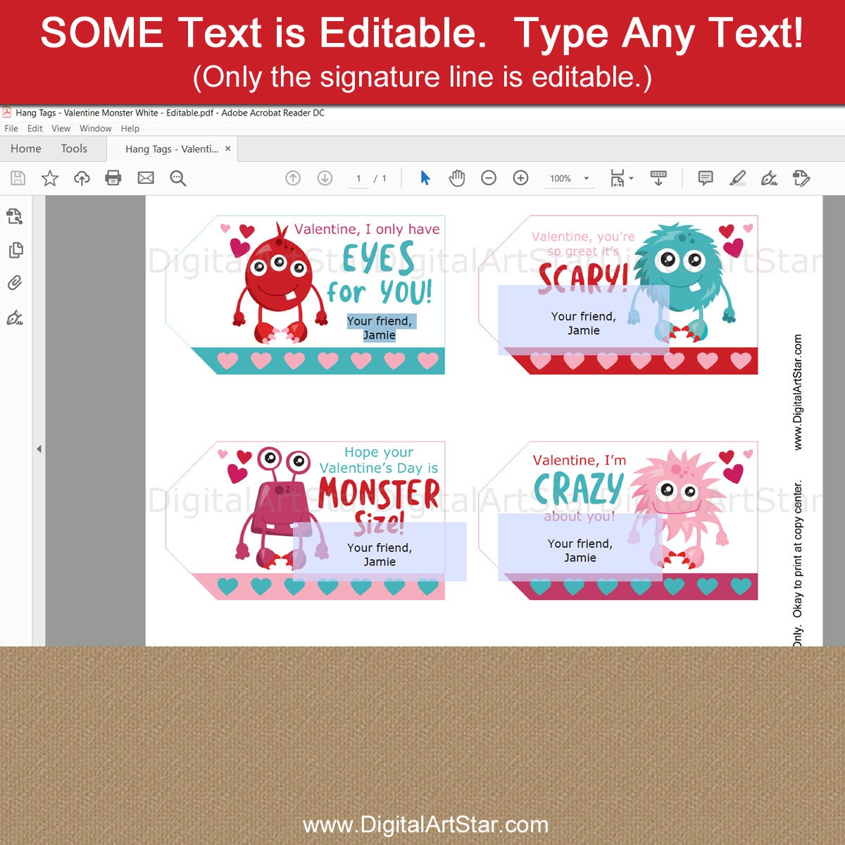 Monster Valentine Printable Tags Kids Valentines Day Gift | Etsy