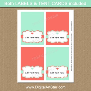 Mint and Coral Buffet Cards Candy Buffet Labels Digital Wedding Labels ...