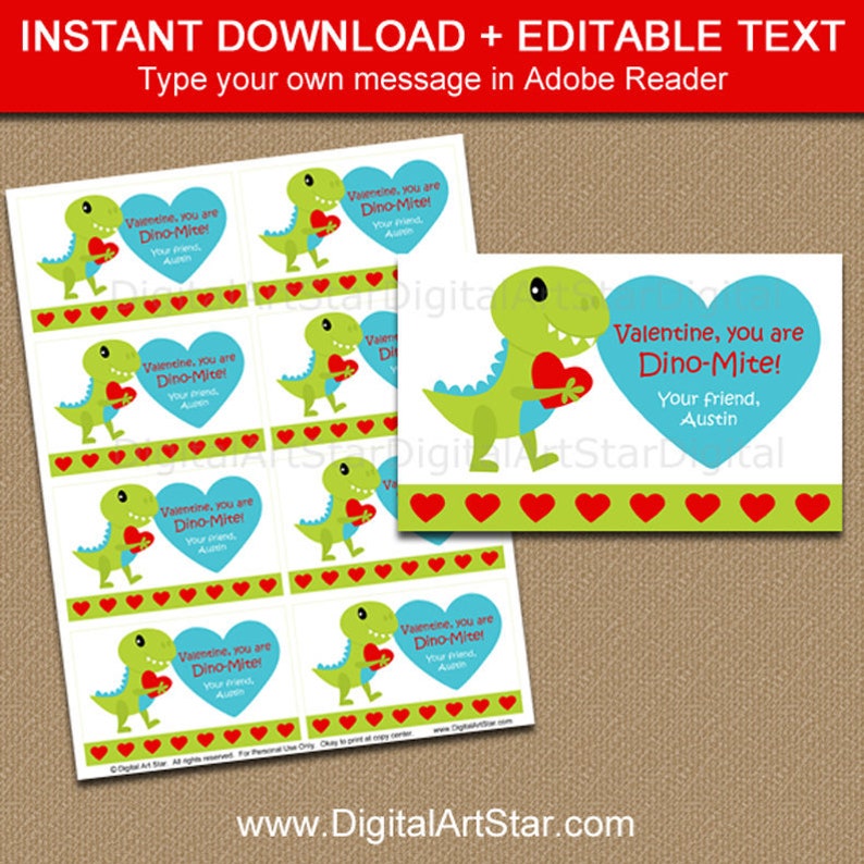 Dinosaur Valentine Card for Kid Printable Classroom - Etsy