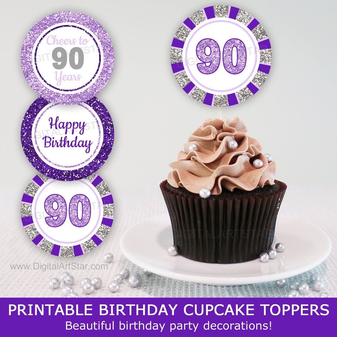 Purple 90th Birthday Cupcake Toppers, Purple and Silver 90th Birthday ...