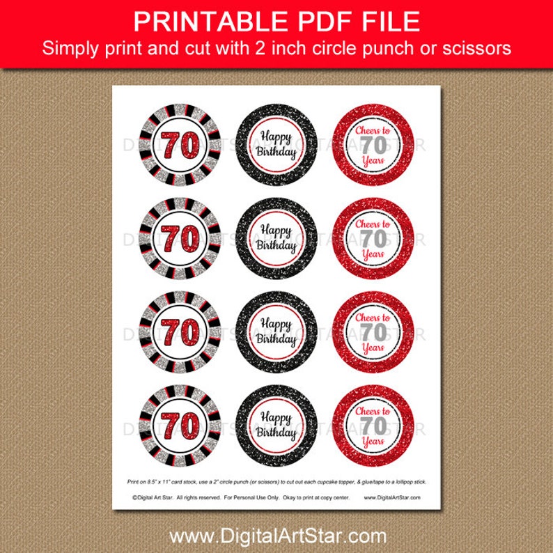 70th Birthday Cupcake Toppers Printable Red And Black Etsy