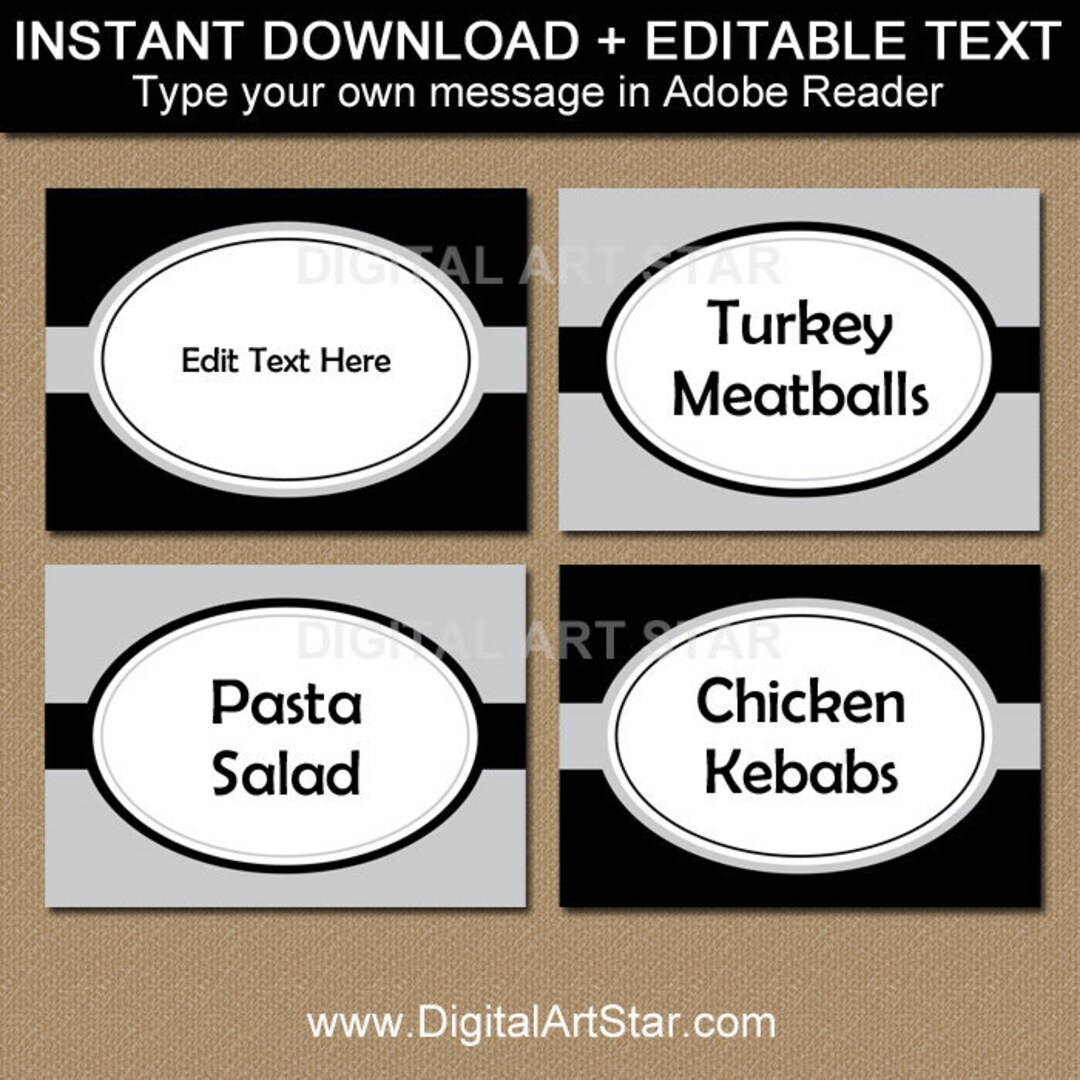 Black and Silver Editable Food Labels, Candy Buffet Label Template ...