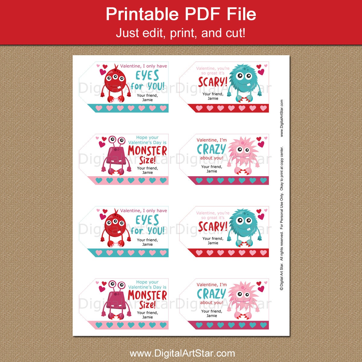 Monster Valentine Printable Tags Kids Valentines Day Gift | Etsy