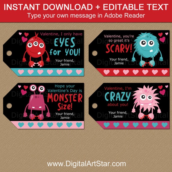 Printable Valentine Tags for Kids Monster Valentines Day Gift | Etsy