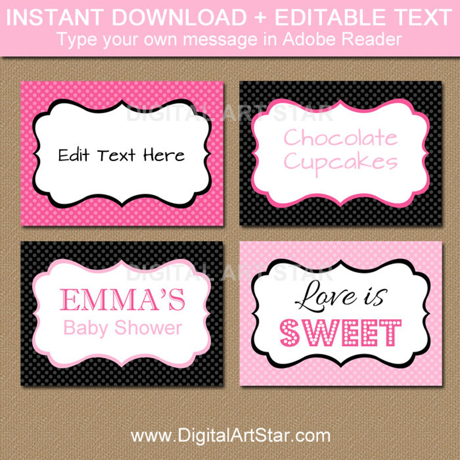 EDITABLE Pink Black Printable Labels Buffet Cards Tent - Etsy