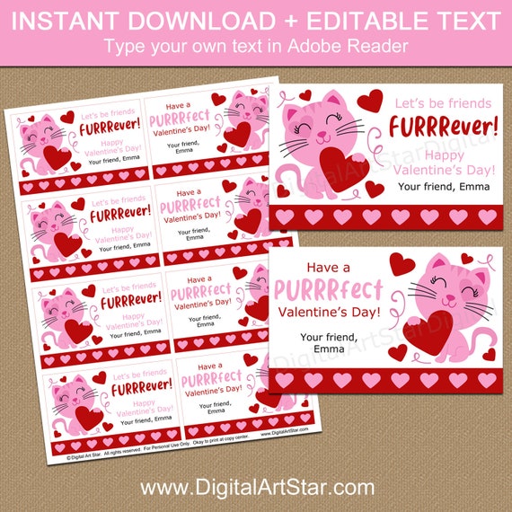 Printable Valentines for Girls, Cat Valentines Day Card, Kitty ...