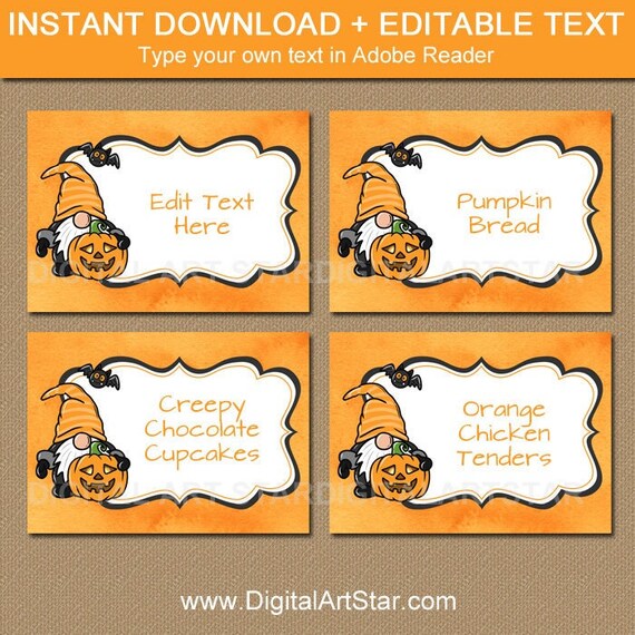Gnome Halloween Labels, Halloween Food Tent Cards, Halloween Food ...
