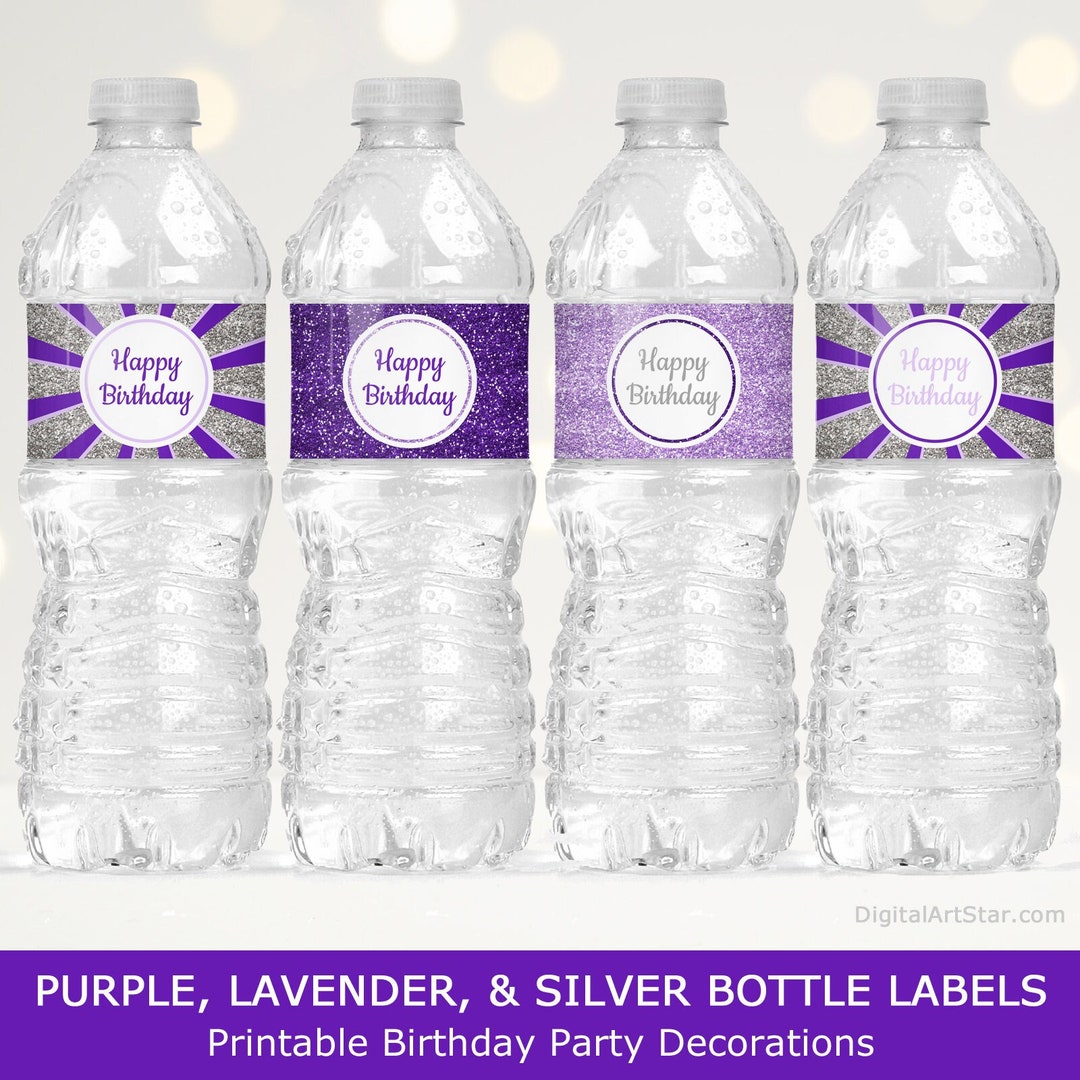 Happy Birthday Water Bottle Labels for Girls, Purple and Silver ...