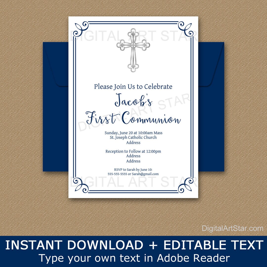 First Communion Invitation Blue, First Holy Communion Invitations for ...