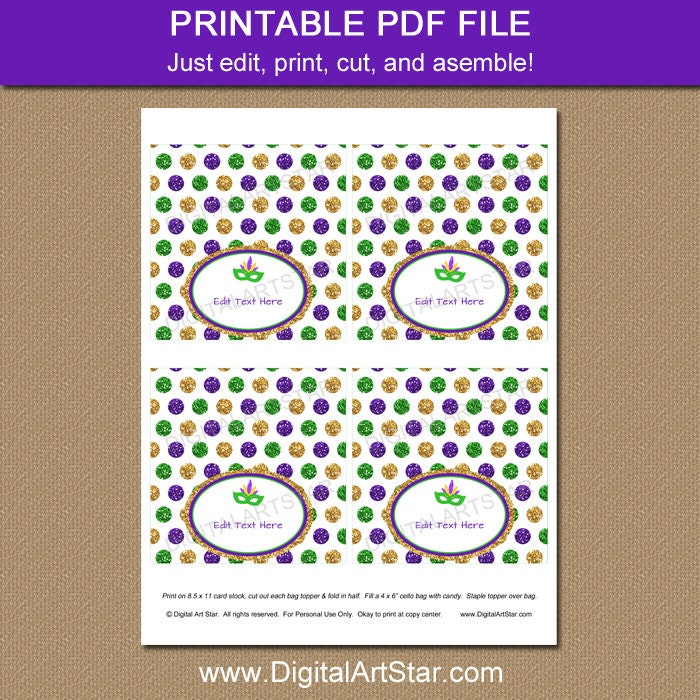 Mardi Gras Bag Toppers Mardi Gras Party Favors Printable | Etsy