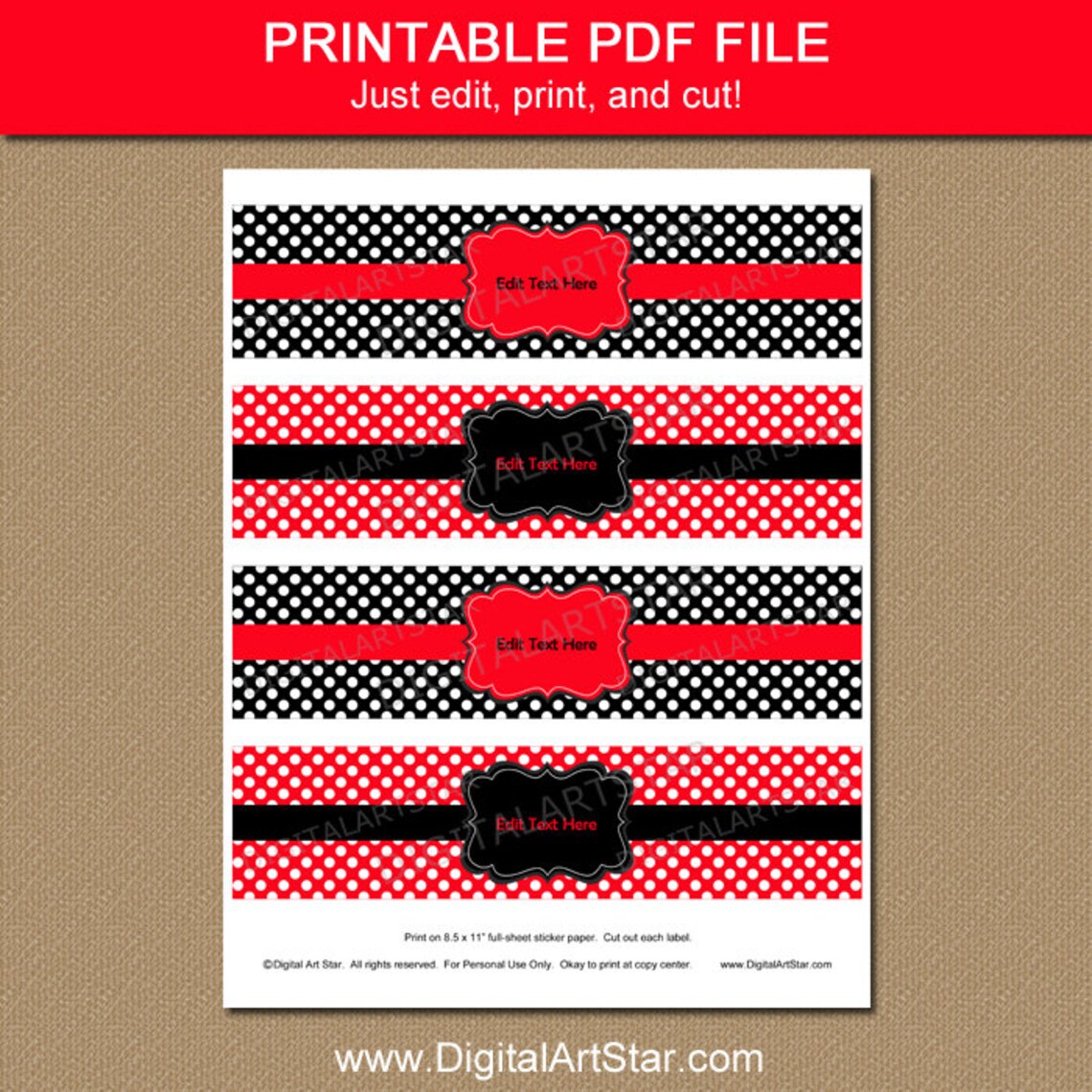 Printable Red and Black Water Bottle Labels Birthday Party | Etsy