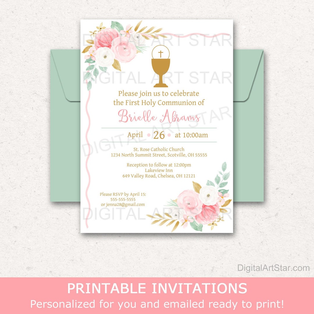 Floral First Holy Communion Invitation, PRINTABLE Invitation First ...