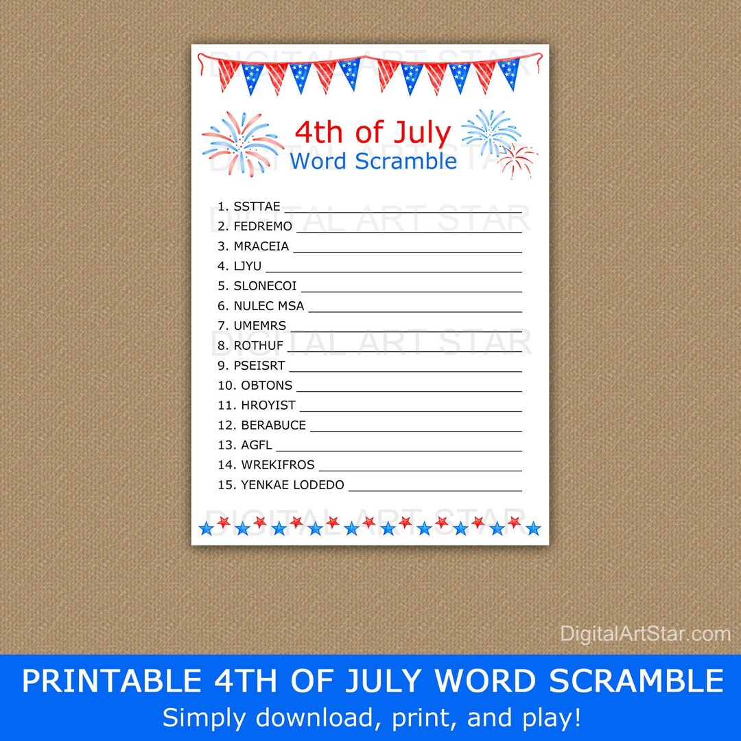 Printable Word Scramble, 4th of July Word Unscramble Game, 4th of July ...