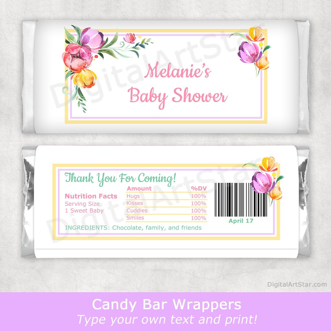 Floral Baby Shower Favors Girl, Baby Shower Candy Bar Wrapper Thank You ...