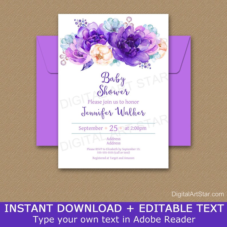 Purple Floral Baby Shower Invite Girl Baby Shower Invitations | Etsy