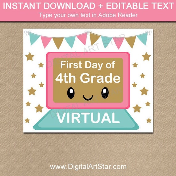 Virtual First Day of School Sign Editable - Virtual Fourth Grade Sign ...