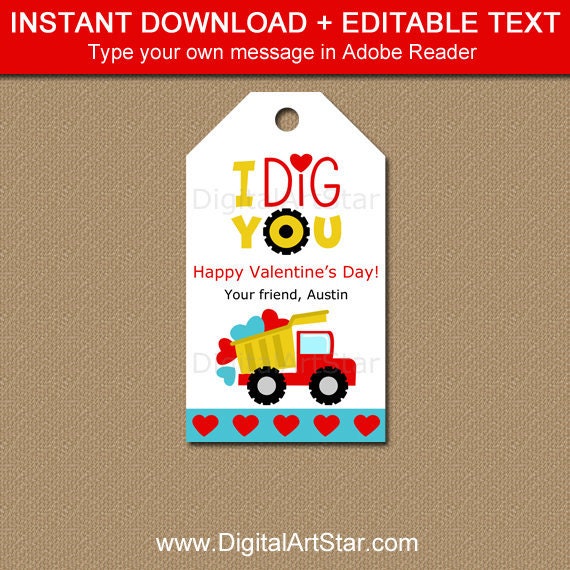 Classroom Valentine Tag Printable, I Dig You Valentine Tag, Dump Truck ...