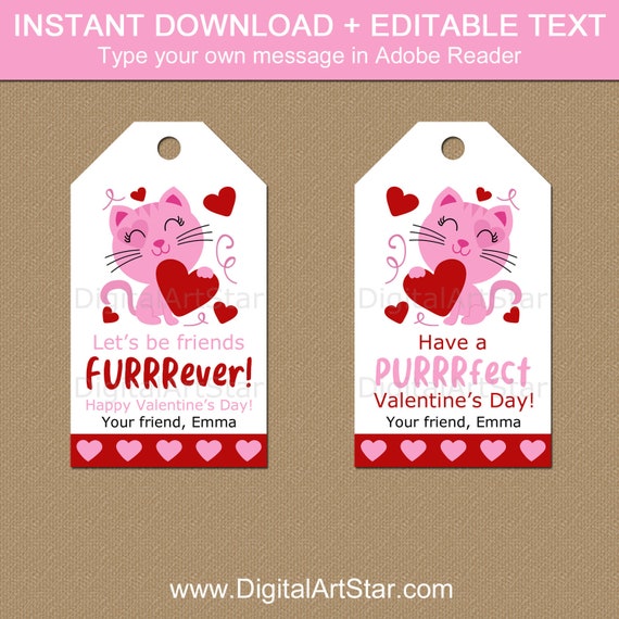 Valentine Tags for Girls, Printable Valentine Treat Tags, Cat ...