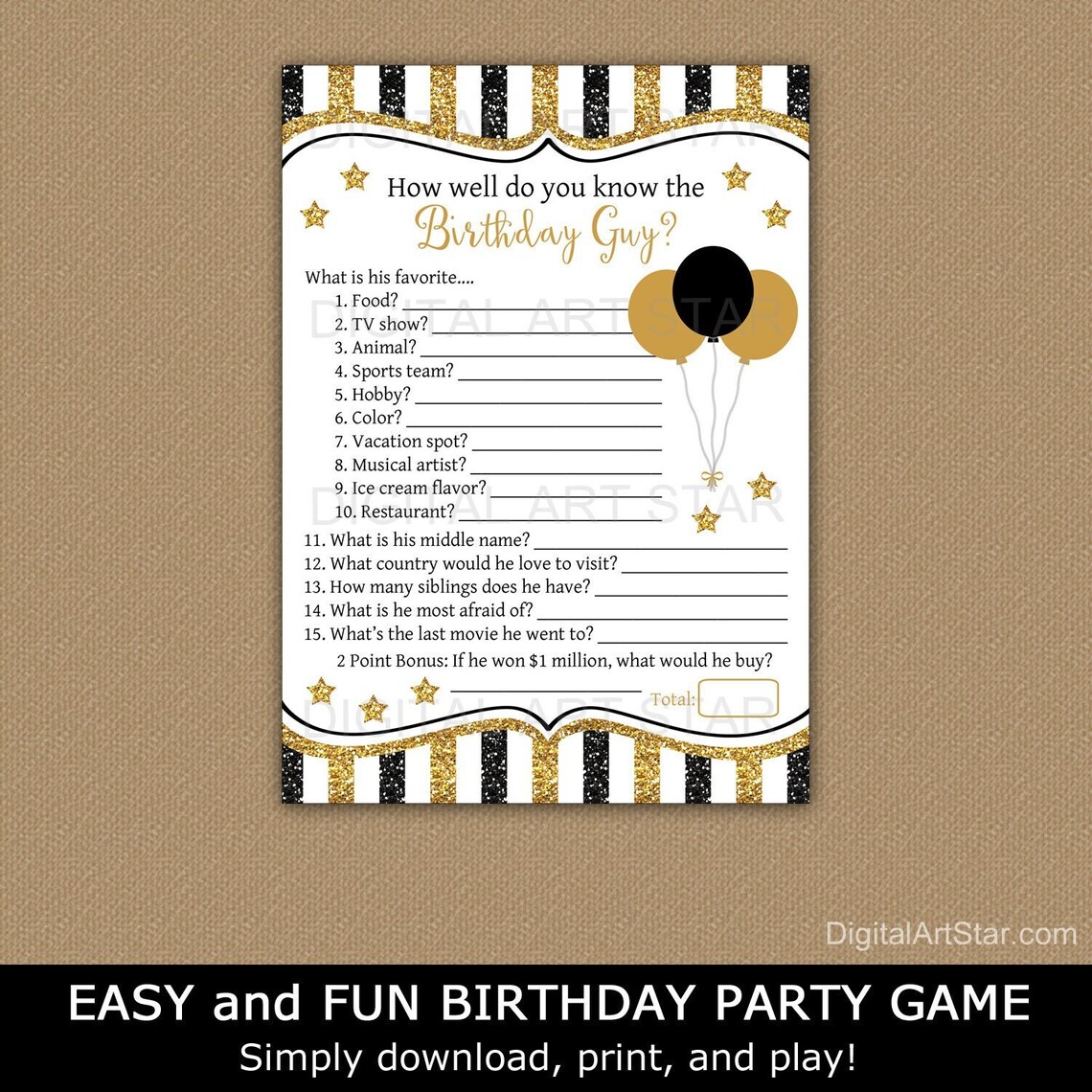 Black and Gold Birthday Party Game Printable How Well Do You - Etsy